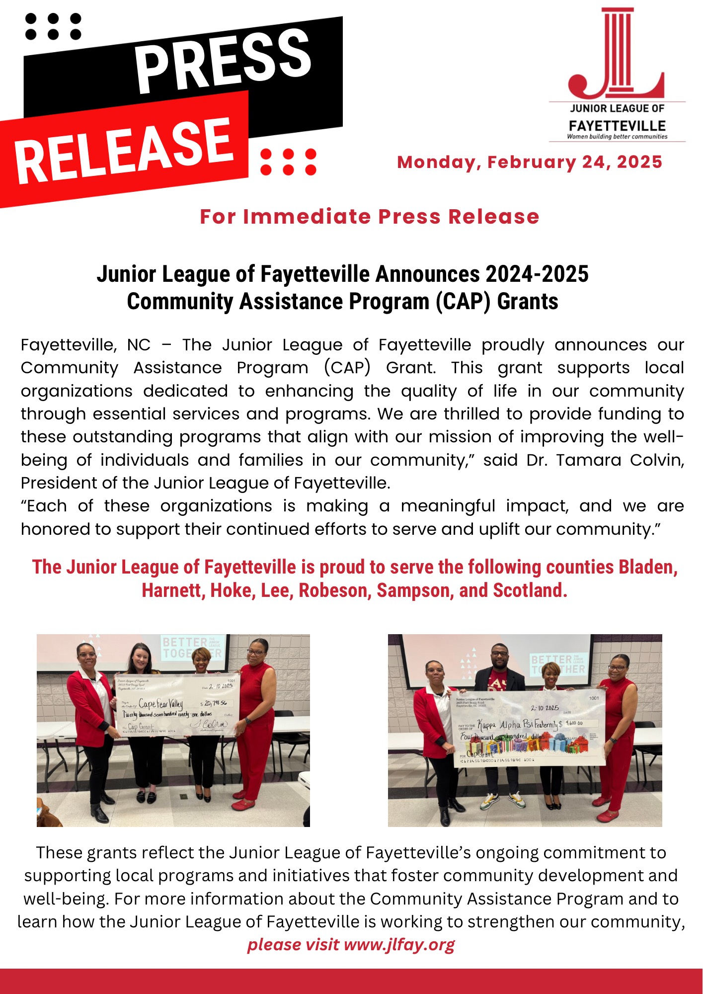 CAP Grant Press Release – Junior League of Fayetteville